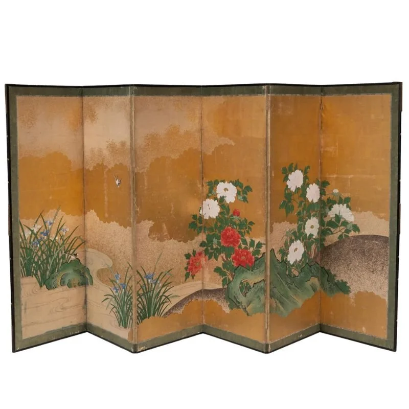 SIX PANEL JAPANESE PEONY AND SPARROW SCENE SCREEN — Meg Braff Designs