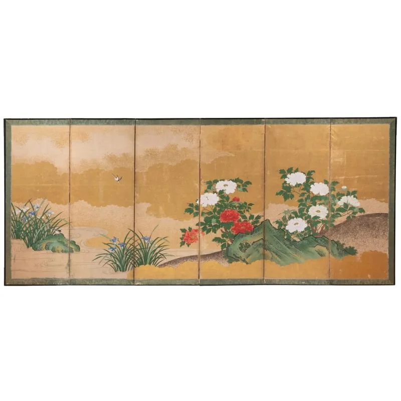 SIX PANEL JAPANESE PEONY AND SPARROW SCENE SCREEN — Meg Braff Designs