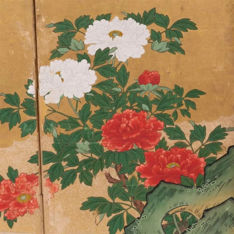 SIX PANEL JAPANESE PEONY AND SPARROW SCENE SCREEN — Meg Braff Designs