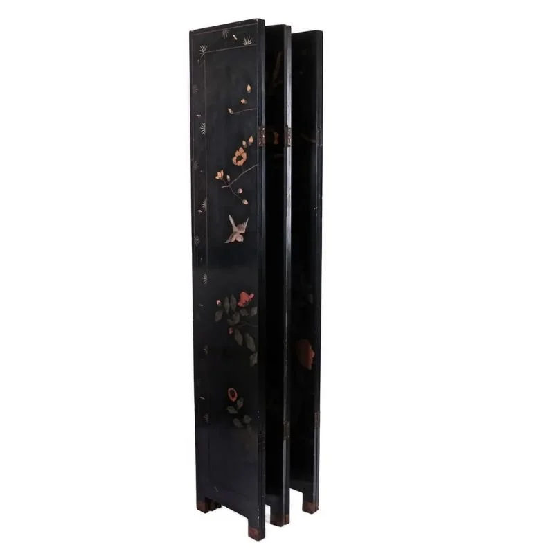 SIX PANEL BLACK JAPANESE SCREEN WITH PAINTED DECORATION — Meg Braff Designs