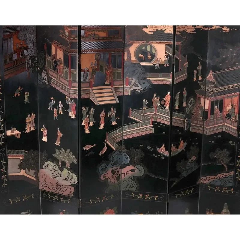 SIX PANEL BLACK JAPANESE SCREEN WITH PAINTED DECORATION — Meg Braff Designs
