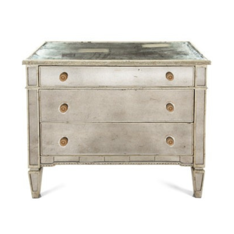 HOLLYWOOD REGENCY STYLE MIRRORED THREE DRAWER CHEST WITH BRASS DETAILS ...