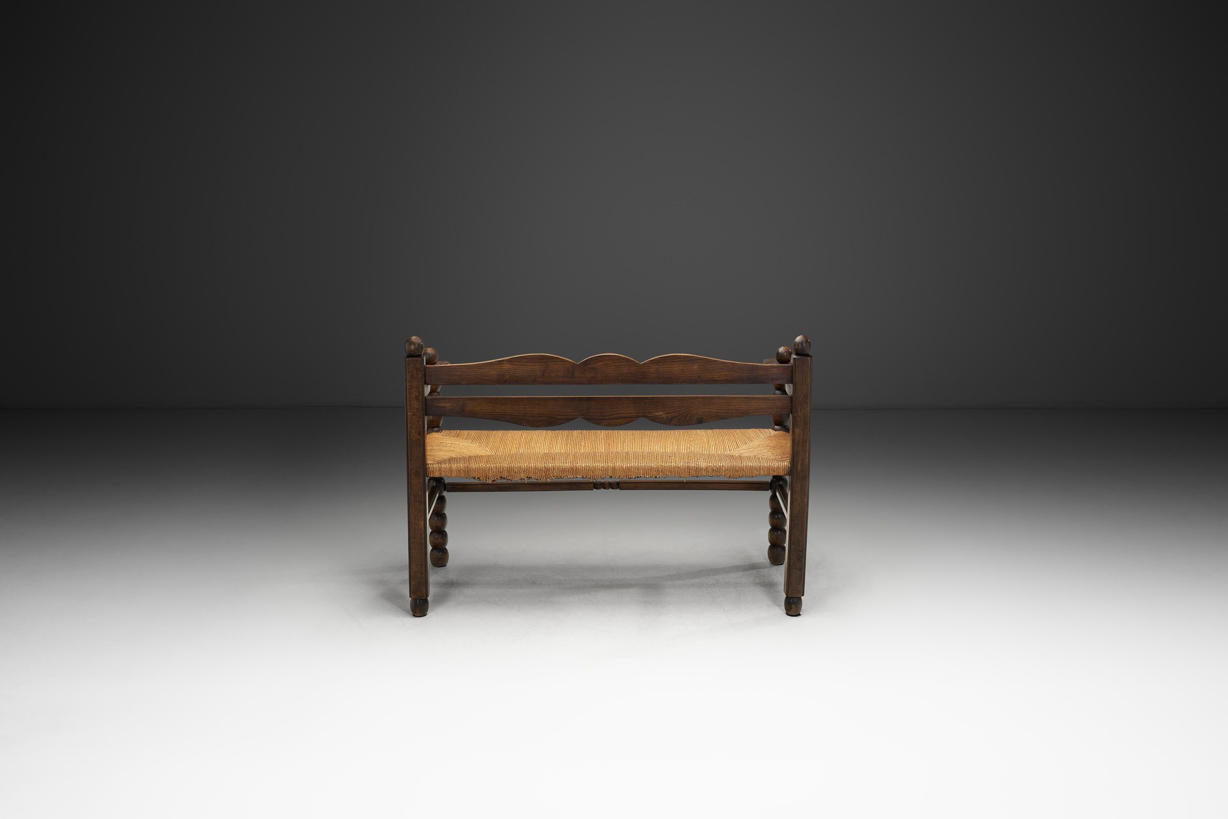 Solid Oak Bench With Turned Legs and a Woven Straw Seat, France 20th Century — H. Gallery