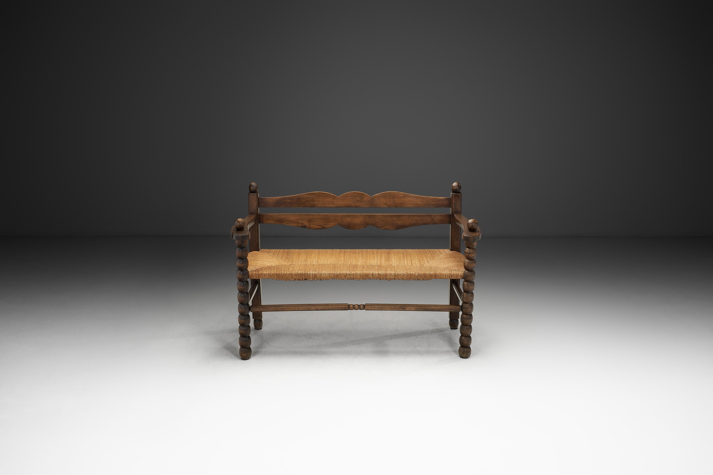 Solid Oak Bench With Turned Legs and a Woven Straw Seat, France 20th Century — H. Gallery