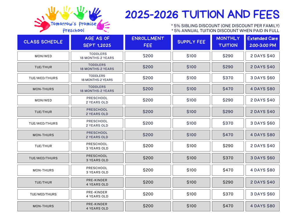 Tuition — Tomorrow's Promise Preschool at MUMC