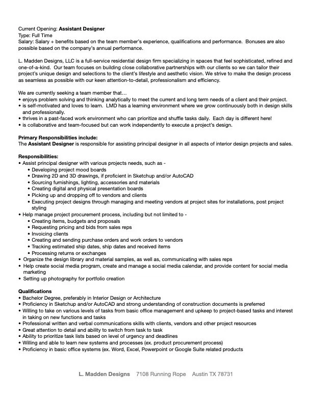 ASSISTANT DESIGNER — L. Madden Designs