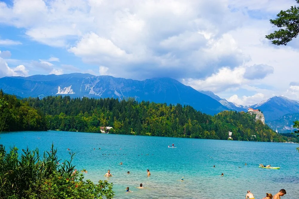 swimming on the other side of lake bled