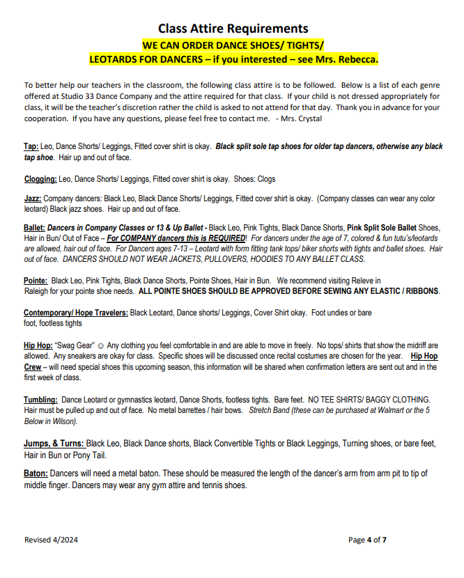 Registration Information — Studio 33 Dance Company