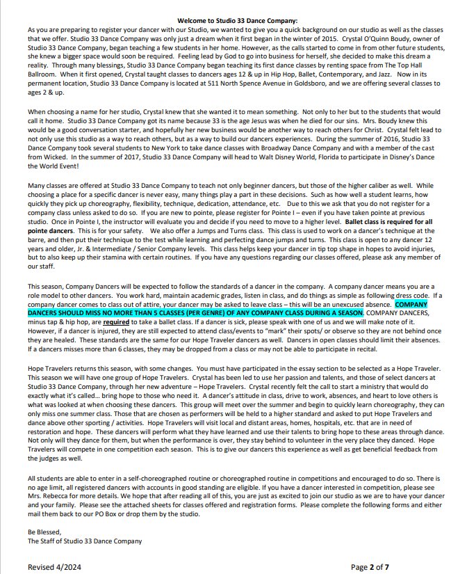 Registration Information — Studio 33 Dance Company