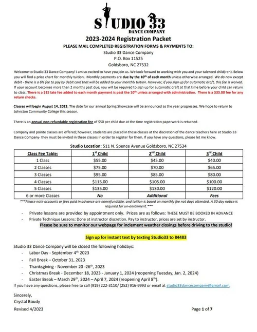 Registration Information — Studio 33 Dance Company