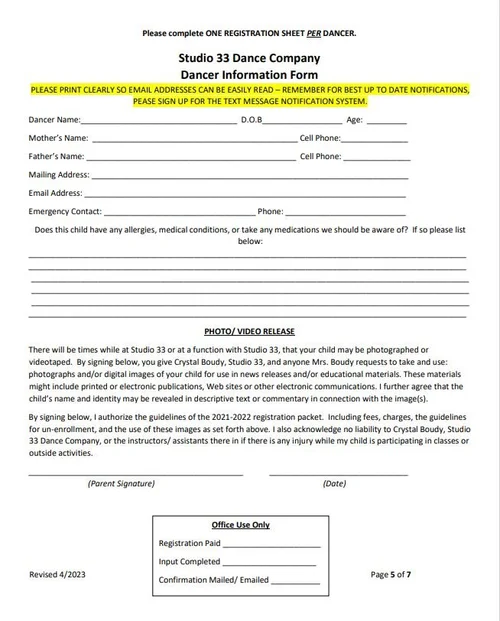 Registration Information — Studio 33 Dance Company