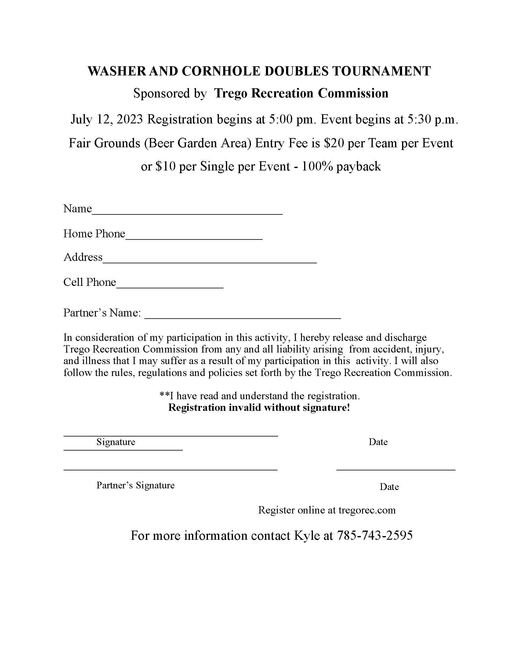 2023 Washer/Cornhole Tournament Entry Form — Trego County Fair