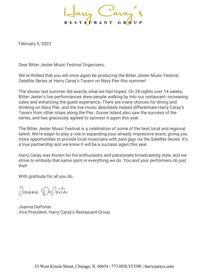 Letters of Support for the Bitter Jester Music Fest, a non-profit ...