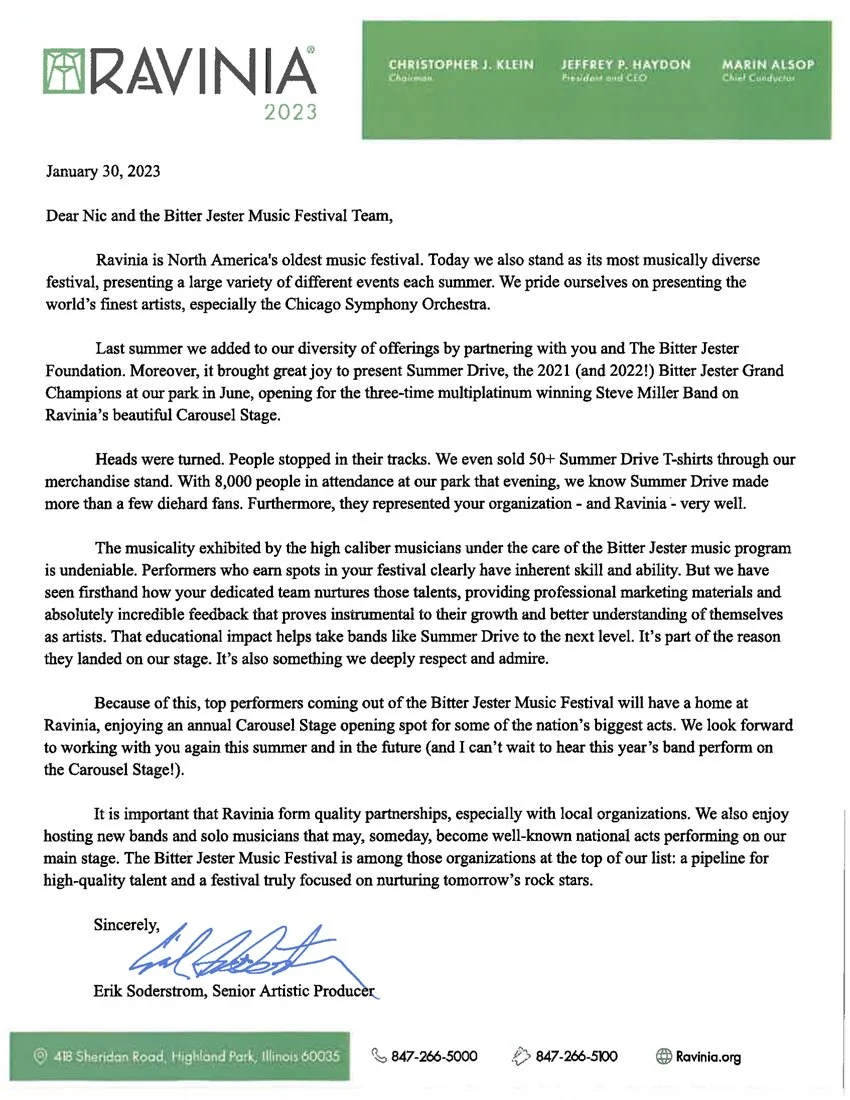 Letters of Support for the Bitter Jester Music Fest, a non-profit ...
