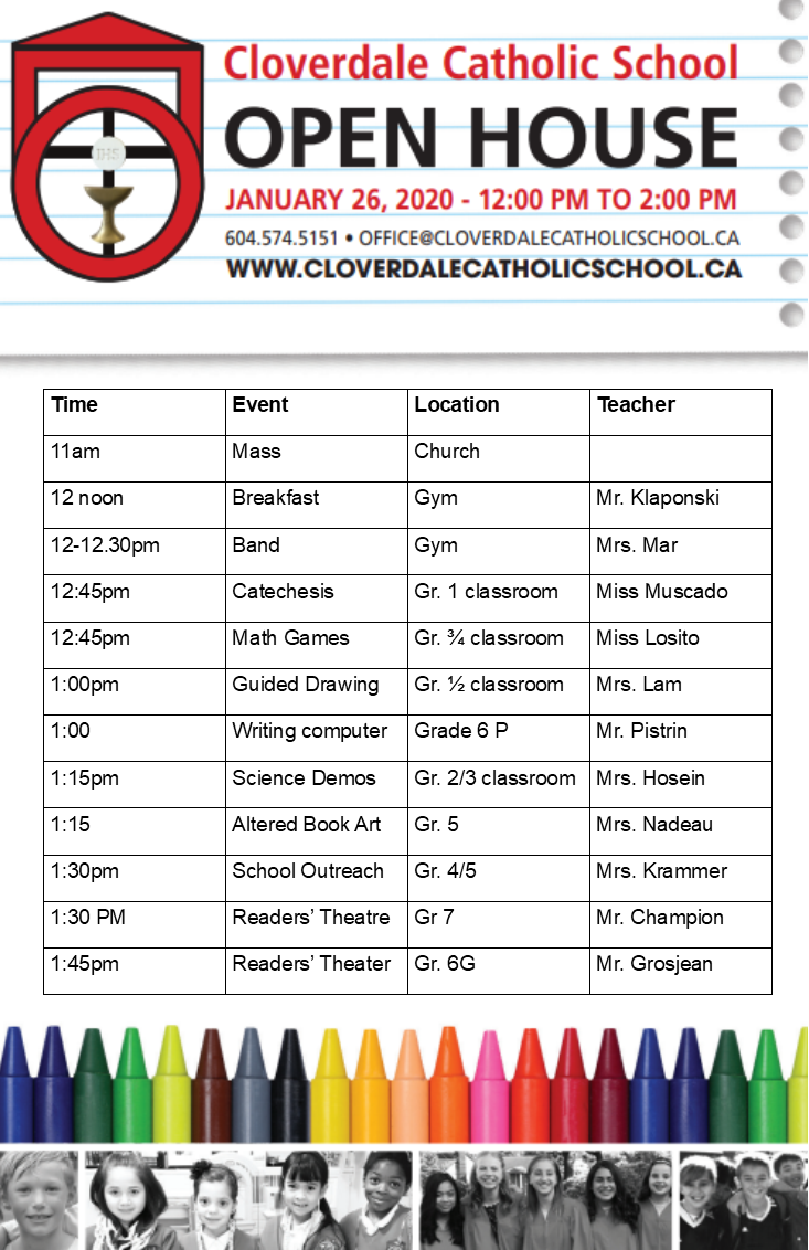 Open House Schedule | Cloverdale Catholic School