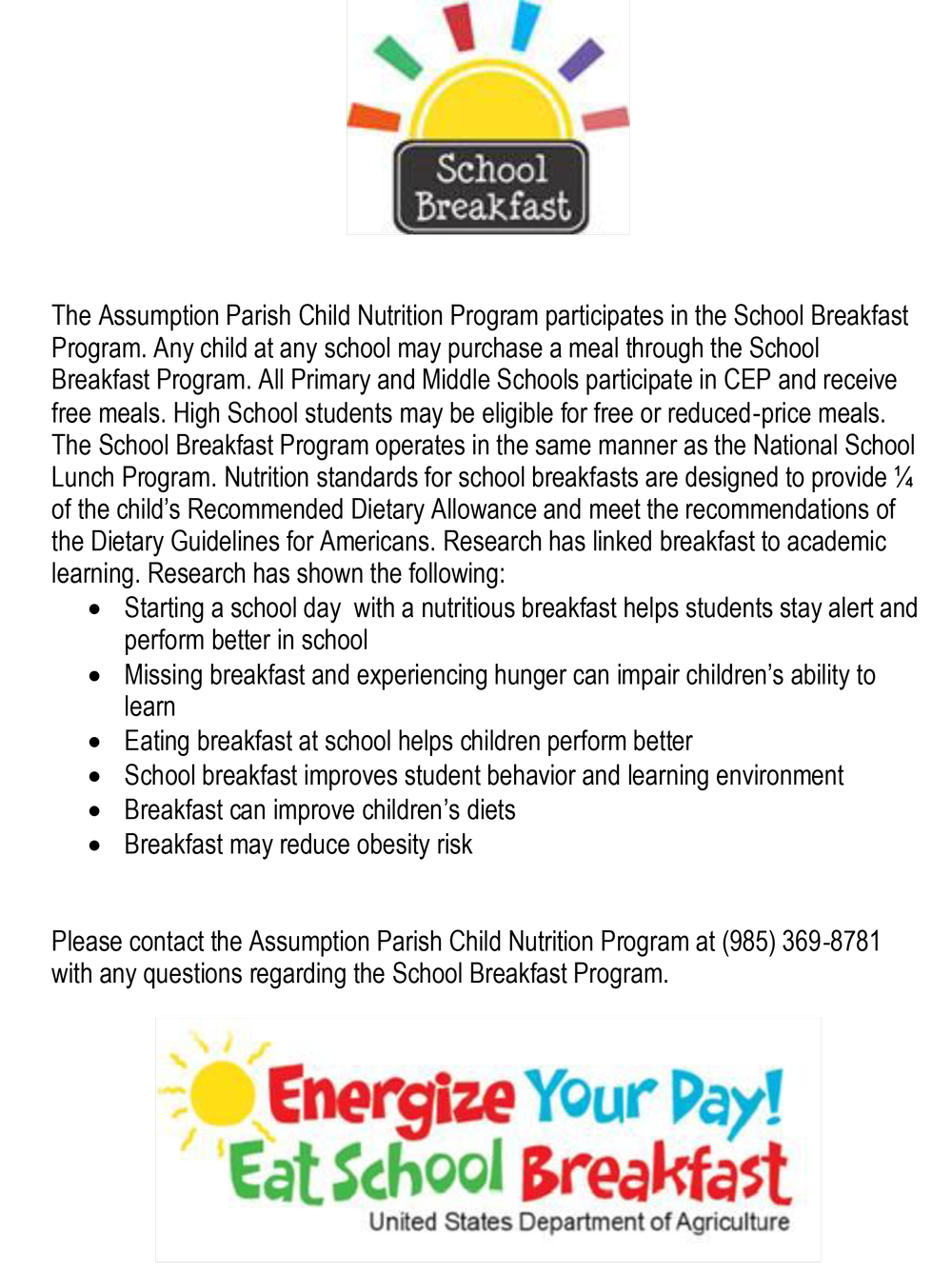 School Breakfast Program — Assumption Parish Schools