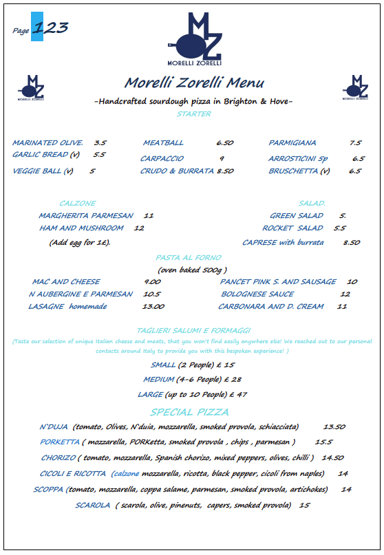 Restaurant Menu — Morelli Zorelli | Brighton & Hove Sourdough Pizza