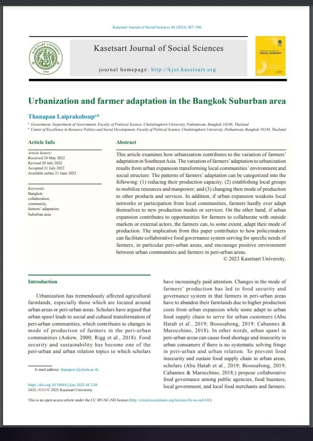 JOURNAL ARTICLE: “Urbanization and farmer adaptation in the Bangkok ...