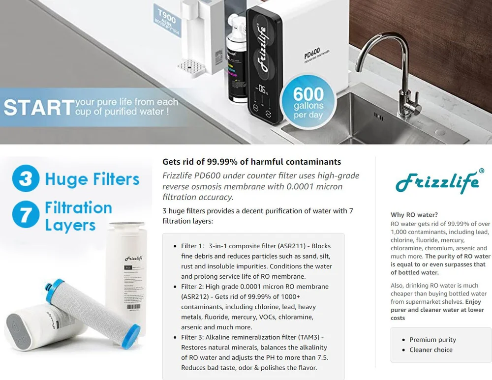 Frizzlife Tankless Reverse Osmosis Water Filtration System (600 GPD ...