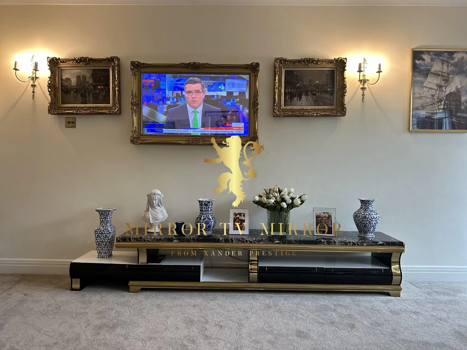 SURREY ANTIQUE BRASS FINISH FRAME MIRROR TV 43" — Xander Prestige