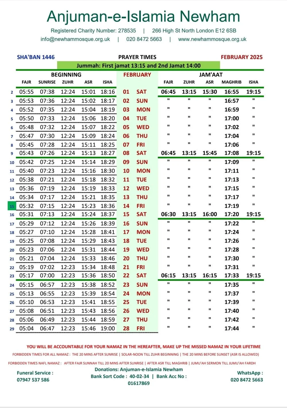 Monthly Timetable Namaz Salah Muslim Prayer Times for East London ...