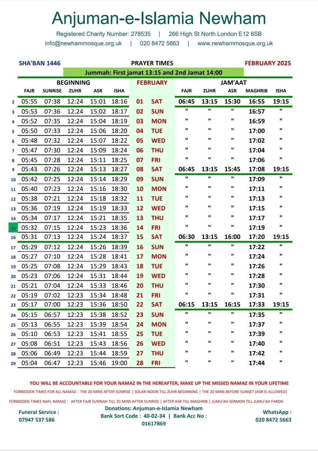 Monthly Timetable Namaz Salah Muslim Prayer Times for East London ...