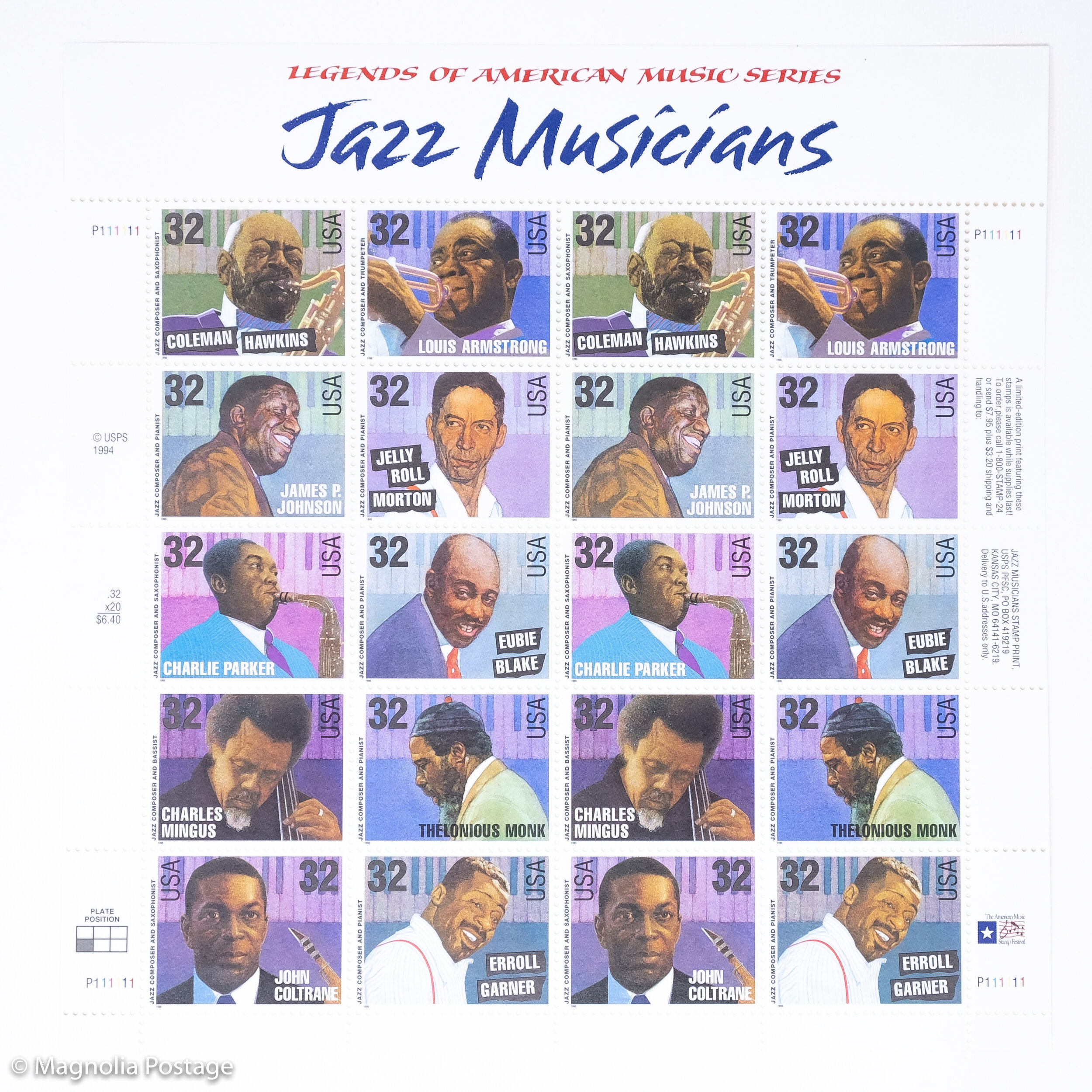 20 X 32 cent Jazz Musicians Magnolia Postage