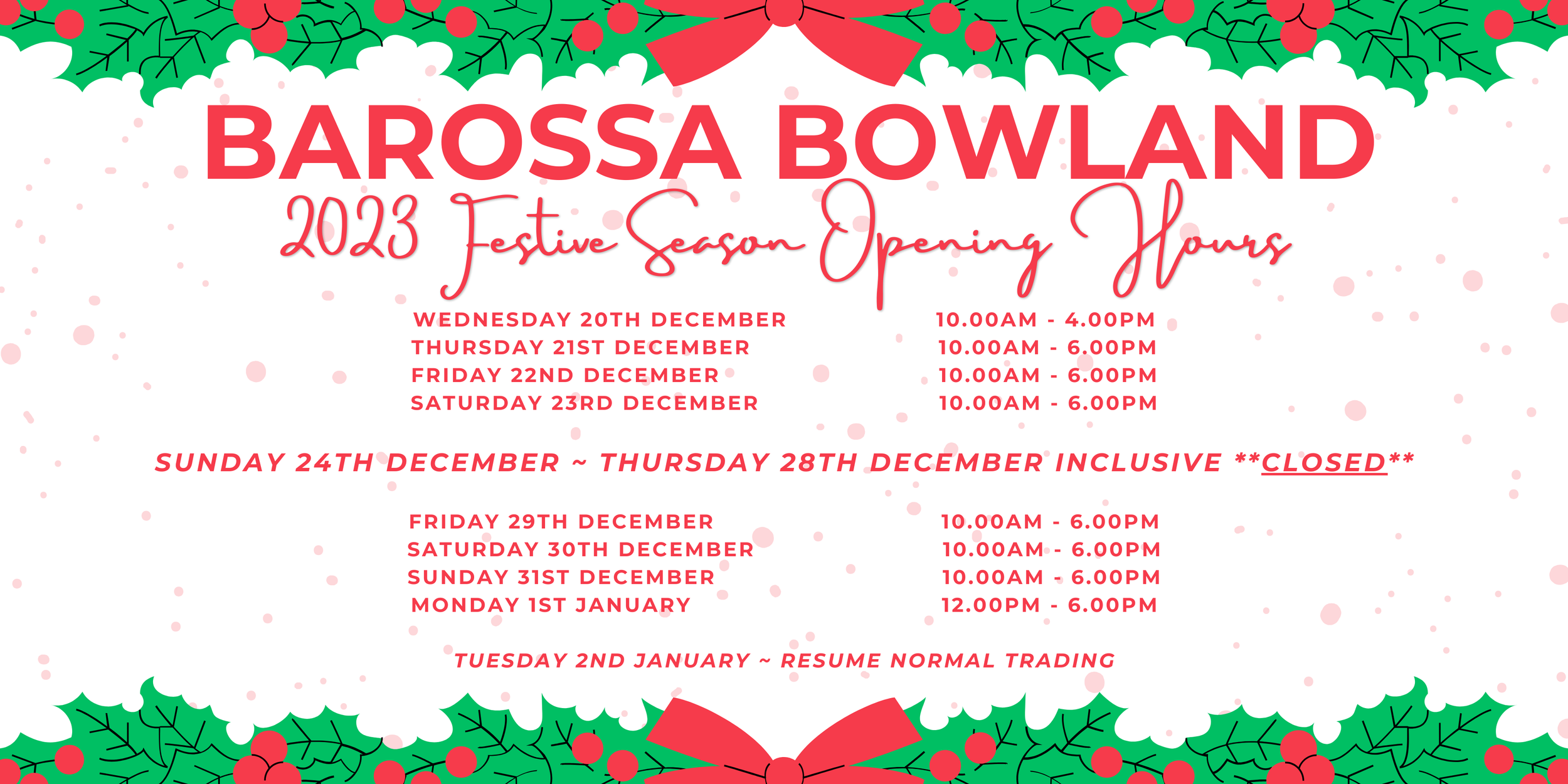 Barossa Bowland Opening Hours — Barossa Bowland and Mini Golf