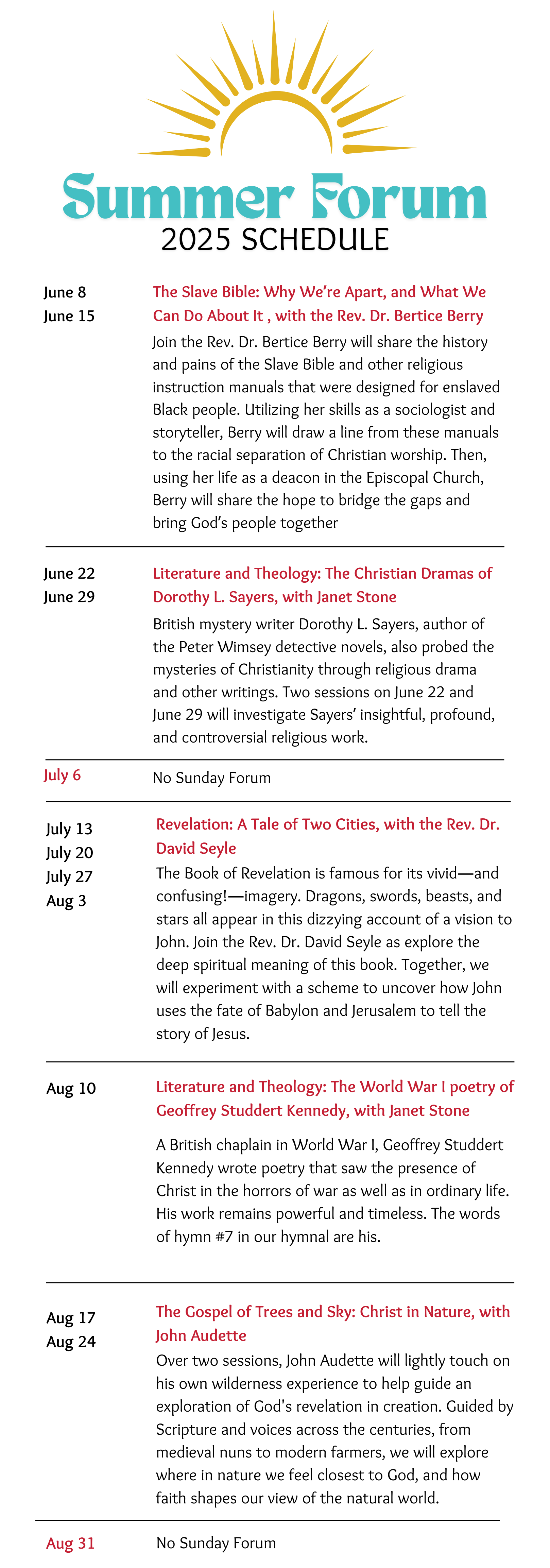 2025 Summer Forum Schedule — Christ Church Savannah