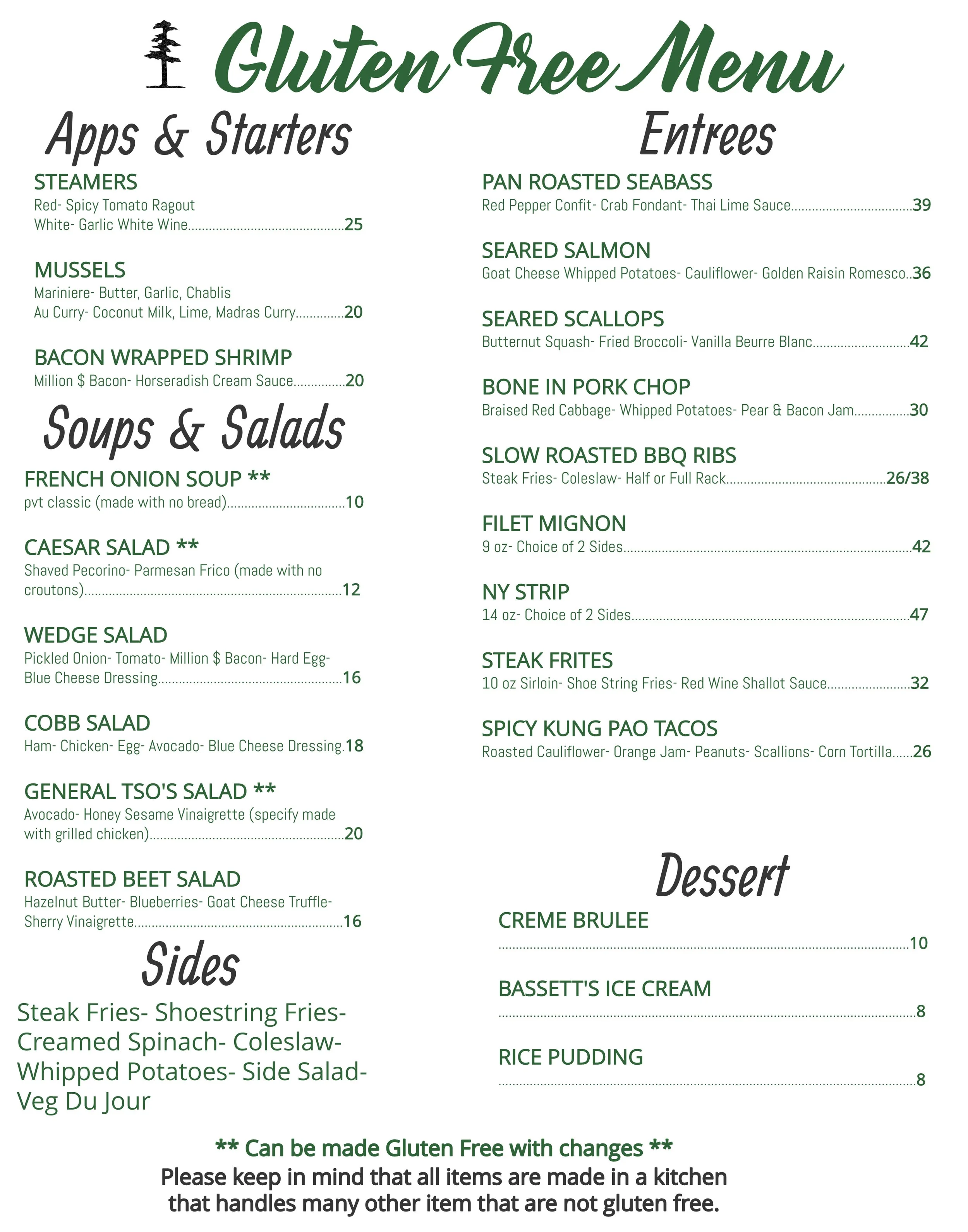 Gluten Free Menu Pineville Tavern