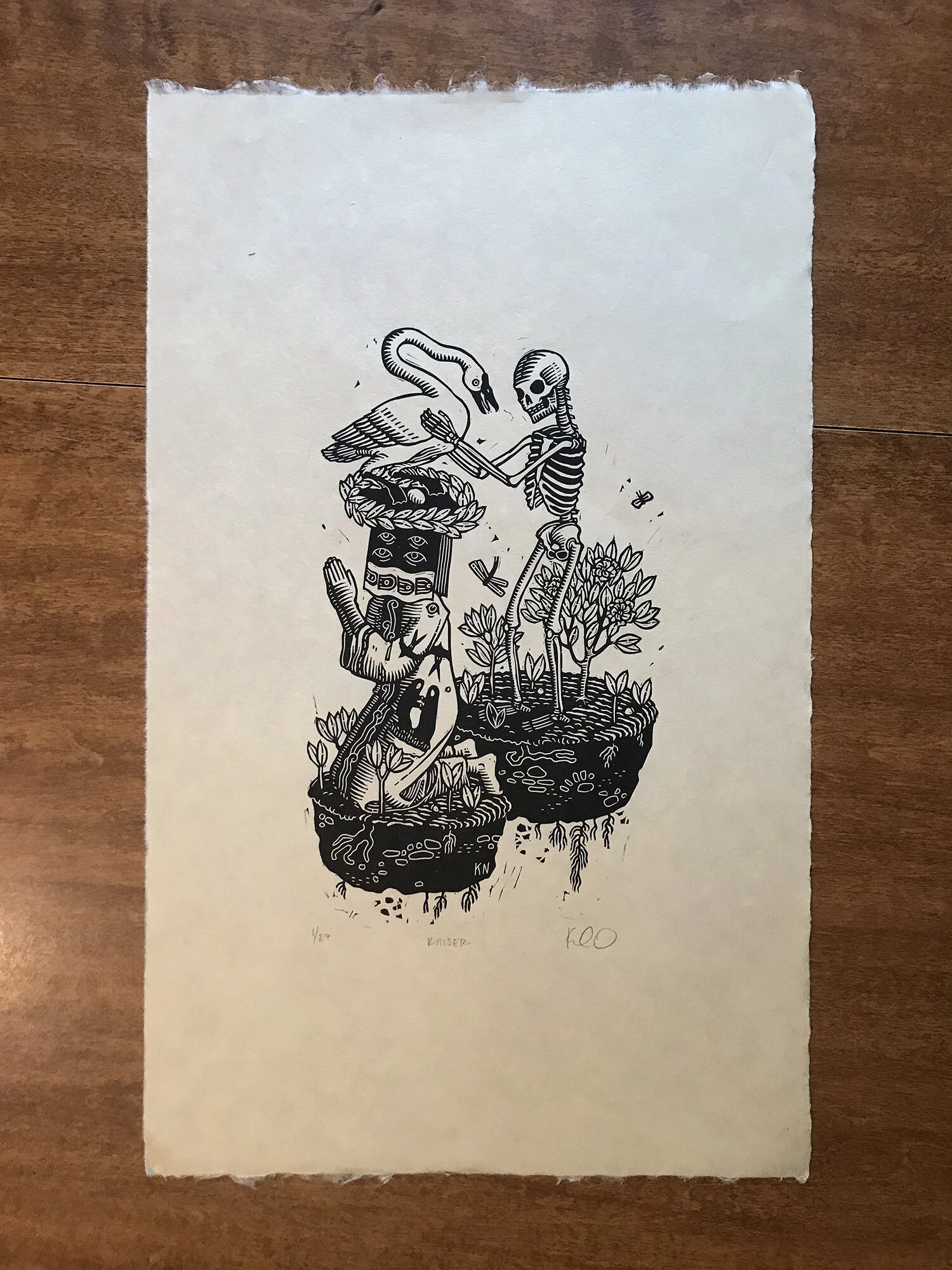 Raiser, linocut on kitakata paper — Kathleen Neeley