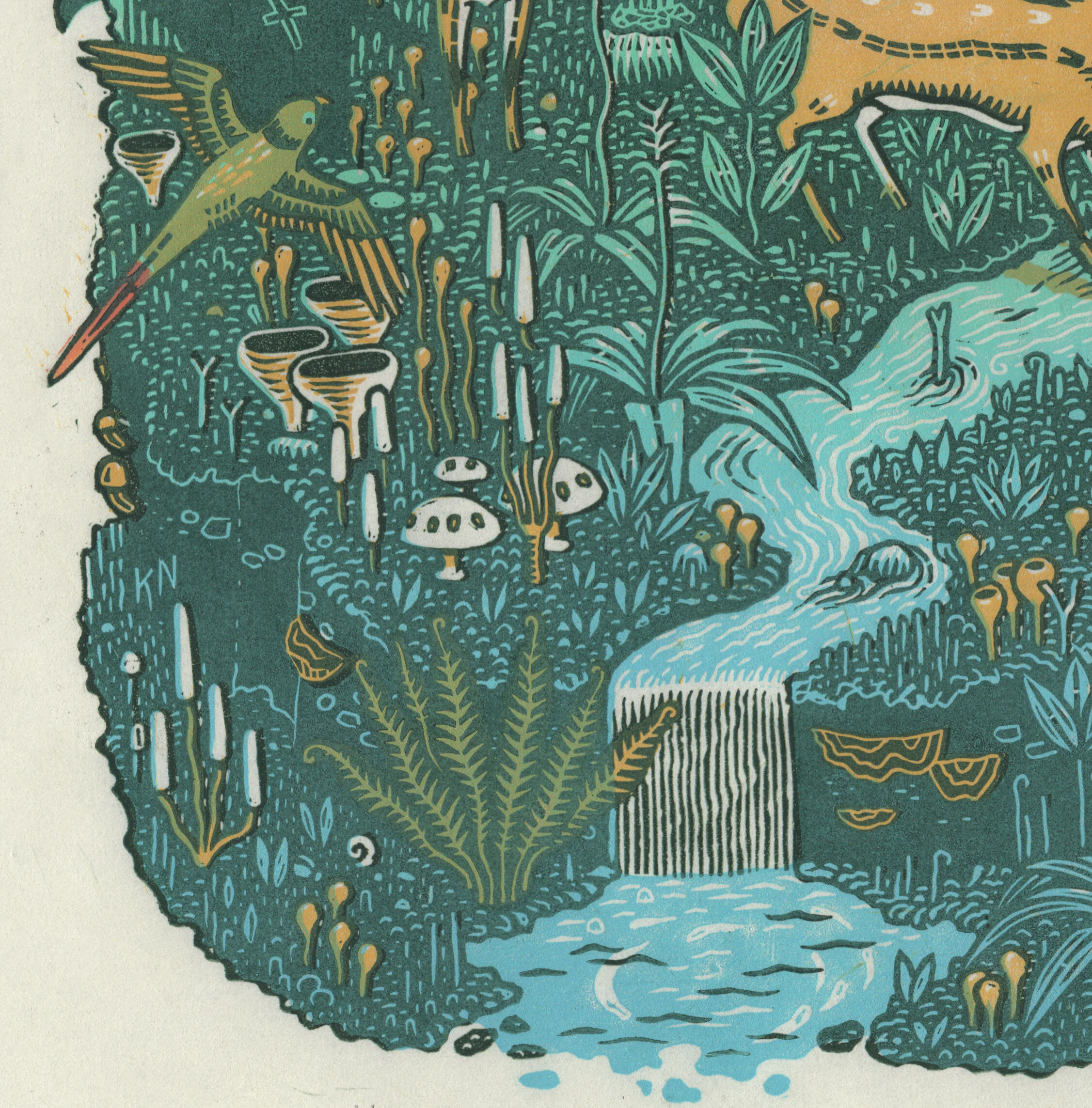 Moss Lord, linocut on paper — Kathleen Neeley