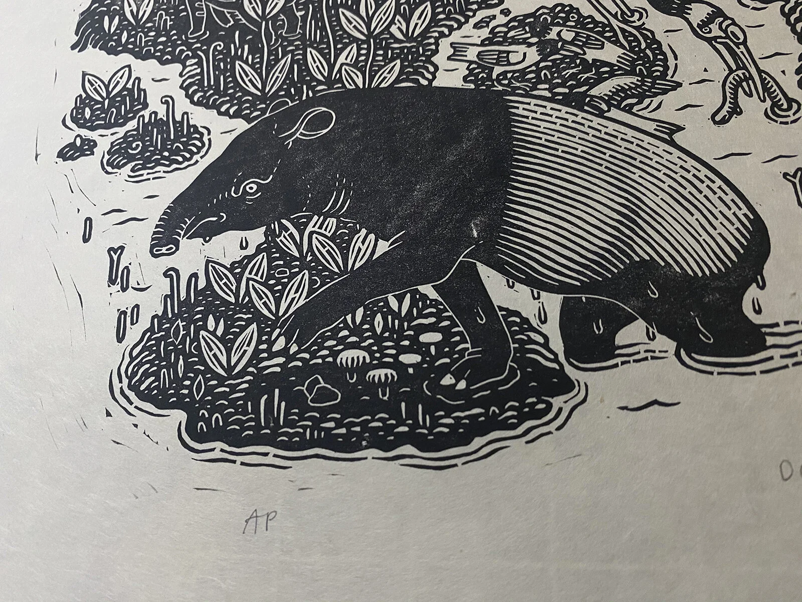 Downstream (key proof), linocut on paper — Kathleen Neeley