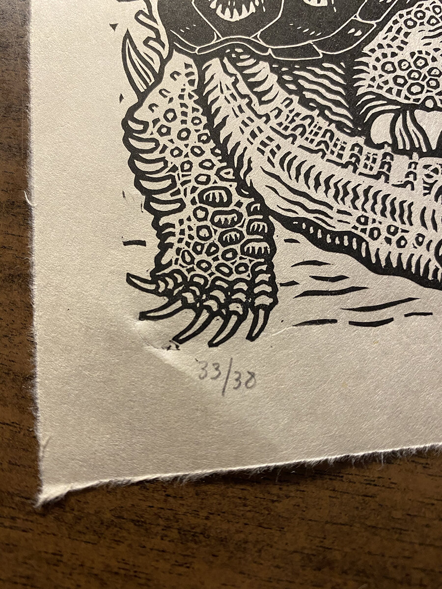 Snapping turtle, linocut on paper — Kathleen Neeley