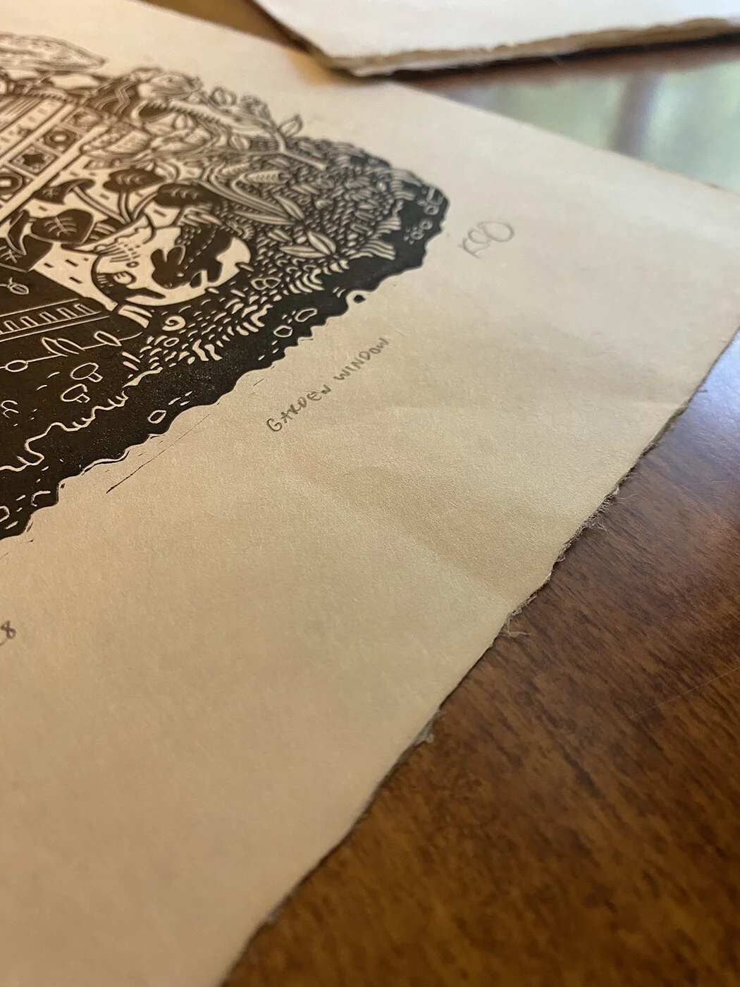 Garden window (key), linocut on paper — Kathleen Neeley