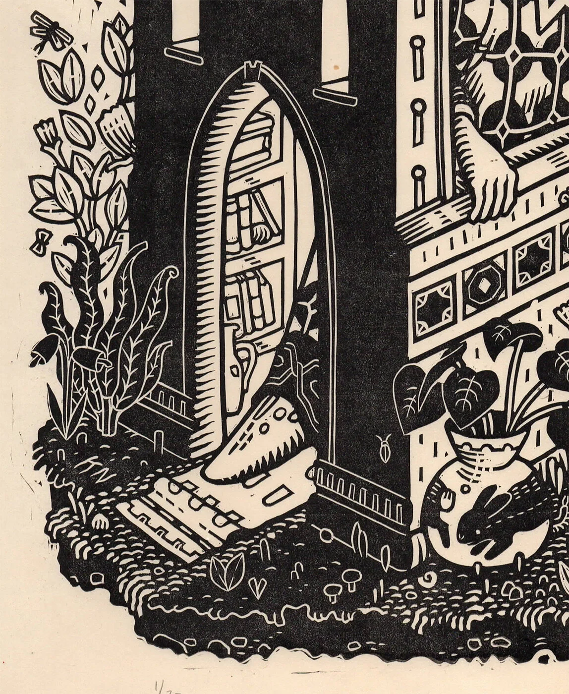 Garden window (key), linocut on paper — Kathleen Neeley