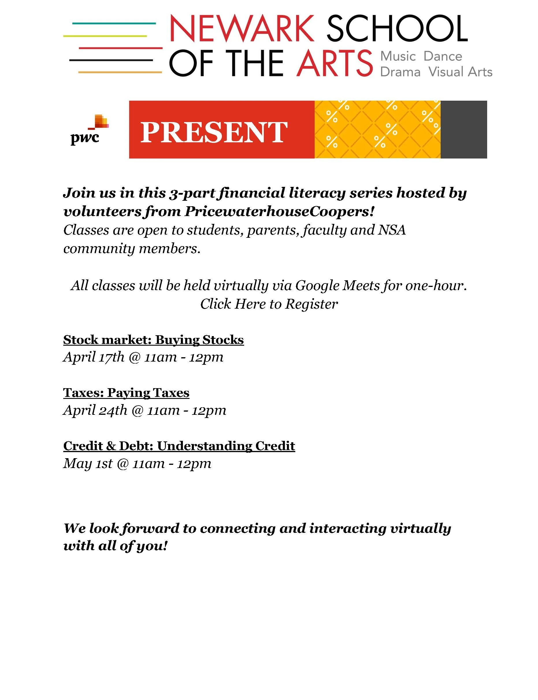 CALENDAR — Newark School of the Arts