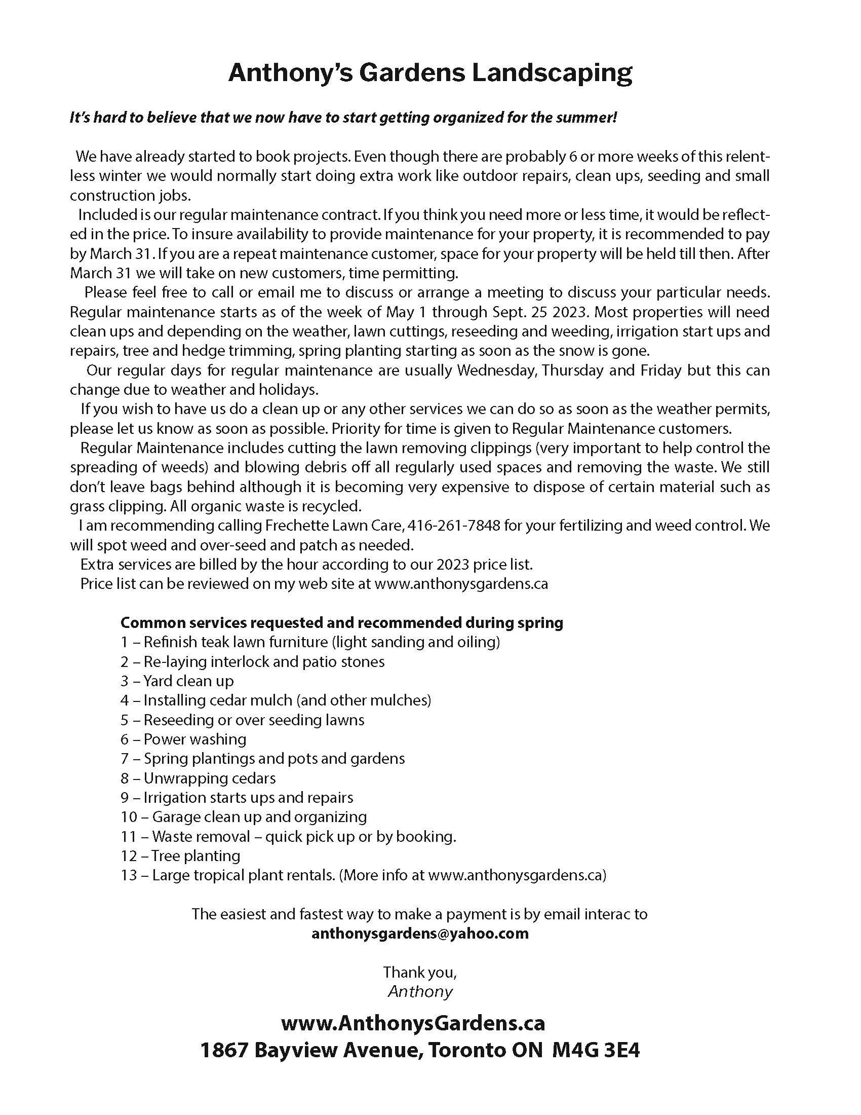 Landscape Price List — Anthony's Gardens - Toronto - Port Dover