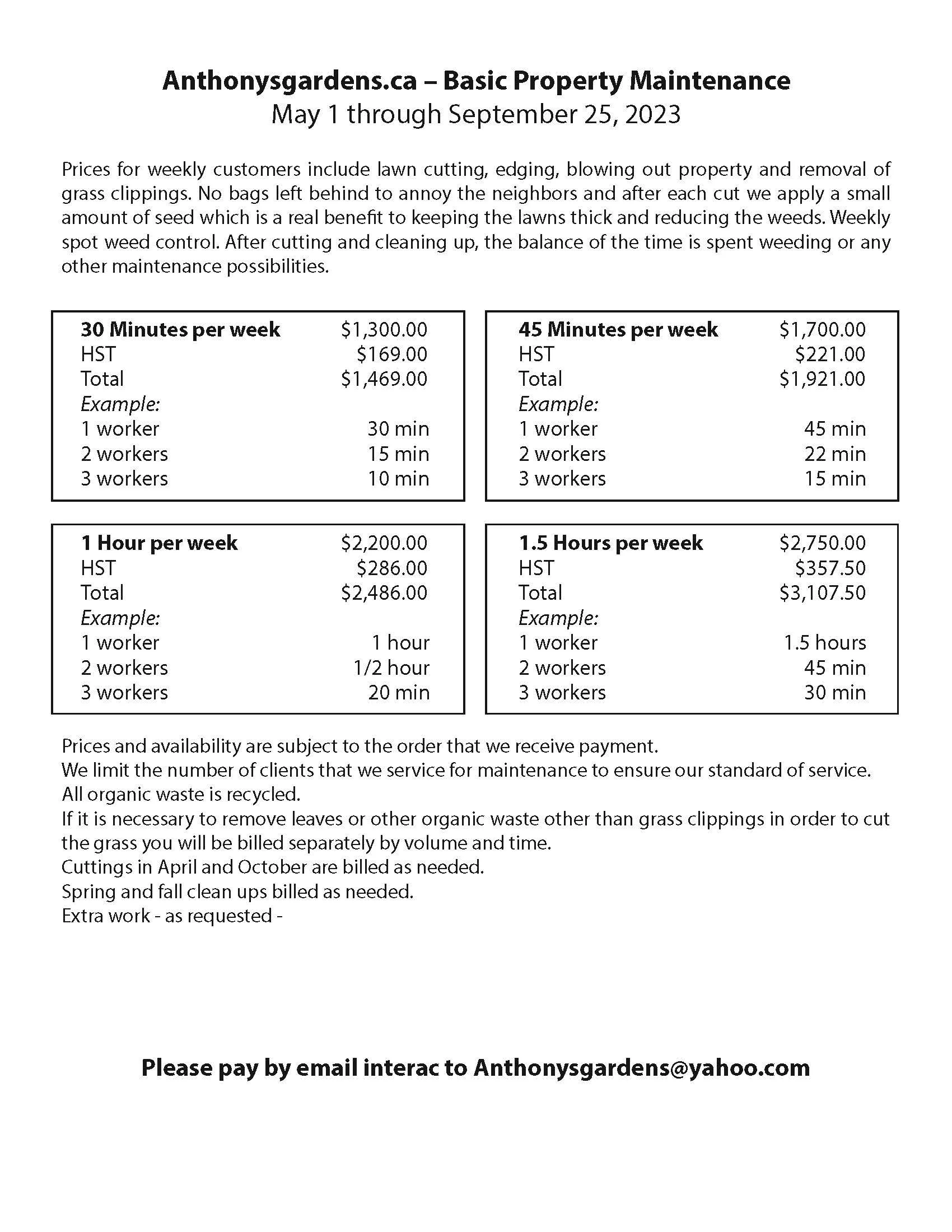 Landscape Price List — Anthony's Gardens - Toronto - Port Dover