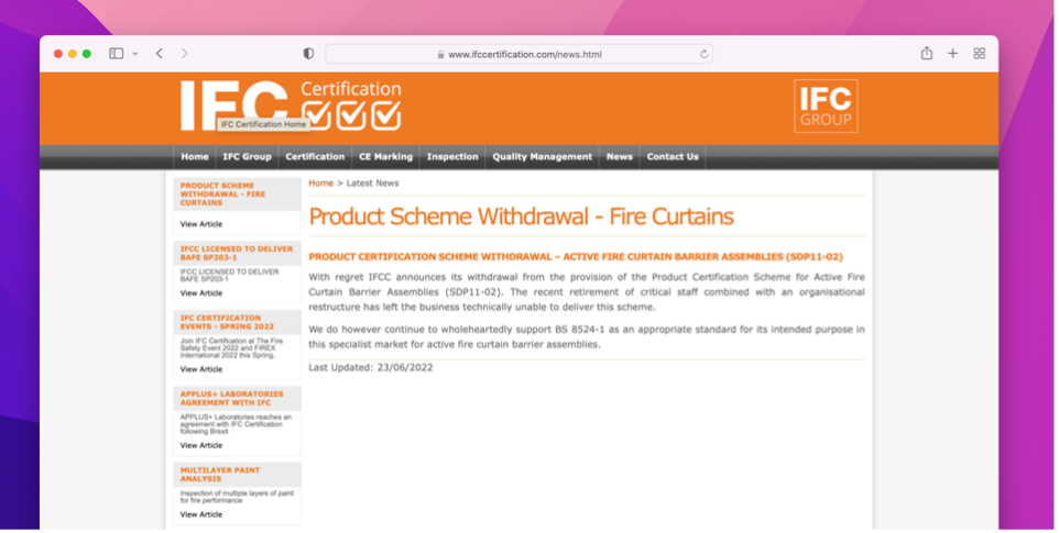 Third Party Certification for Manufacture of Fire Curtains in ...