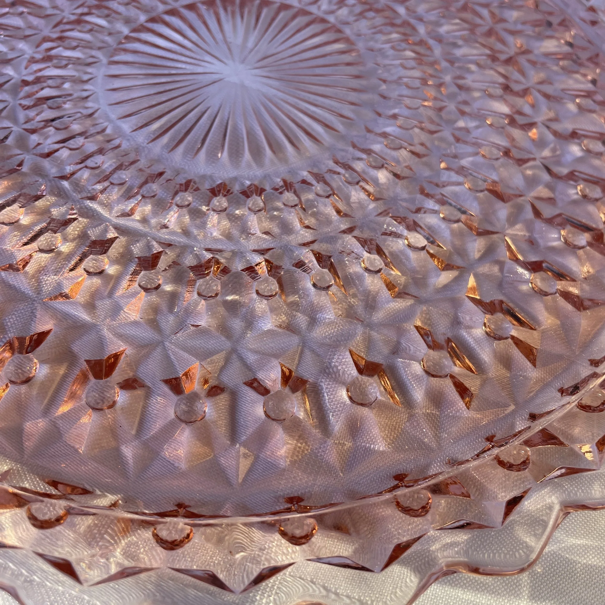 Vintage Pink Pressed Glass Platter 10” | Starburst Base & Scalloped Rim ...