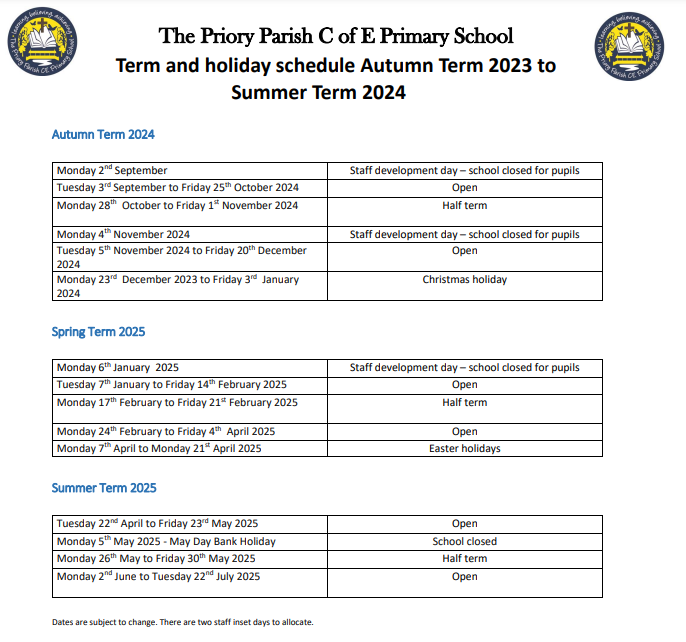 School Holidays — The Priory CE Primary School