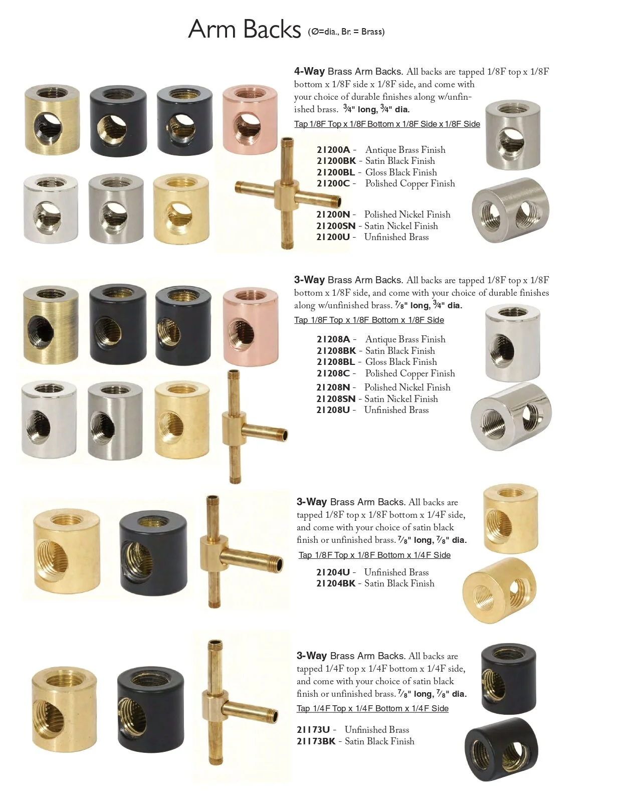 Fixture arm backs, elbows, caps, balls, geometric arm backs