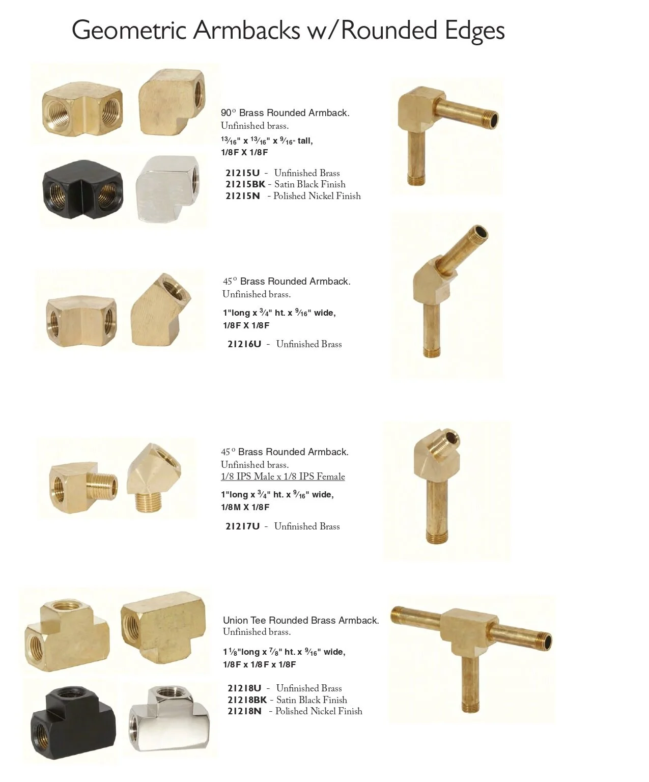 Fixture arm backs, elbows, caps, balls, geometric arm backs