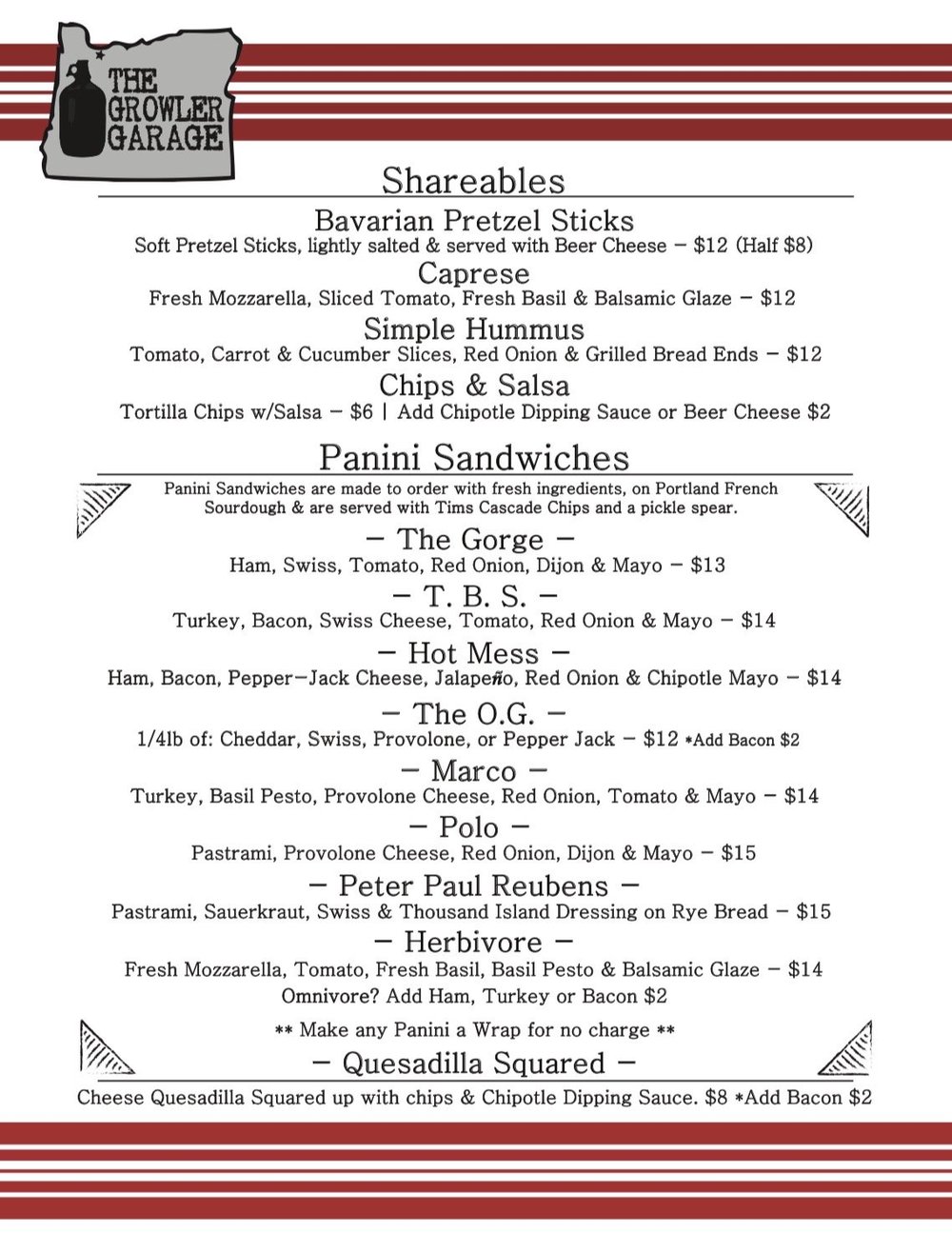 Gresham Food Menu — The Growler Garage