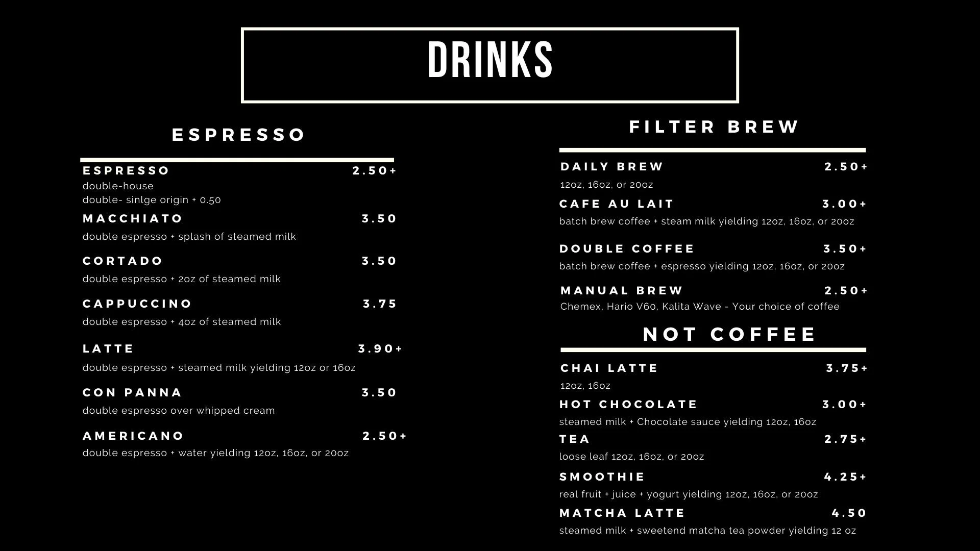 MENUS — Bloc Coffee Company