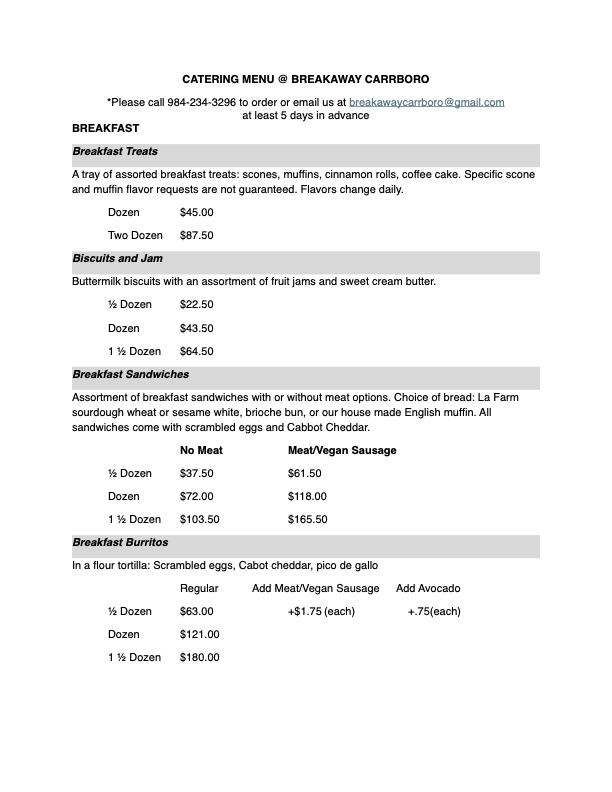 Catering Breakfast Menu — *Breakaway*