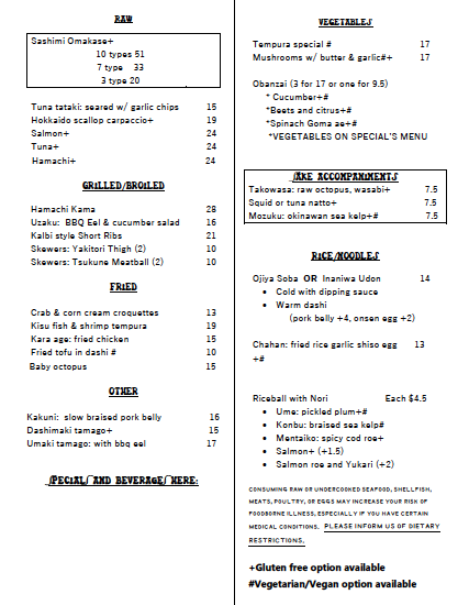 Beverage & Food Menu — 居酒屋関 izakaya Seki