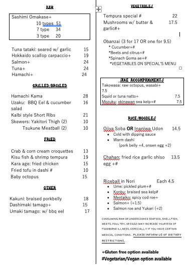 Beverage & Food Menu — 居酒屋関 izakaya Seki