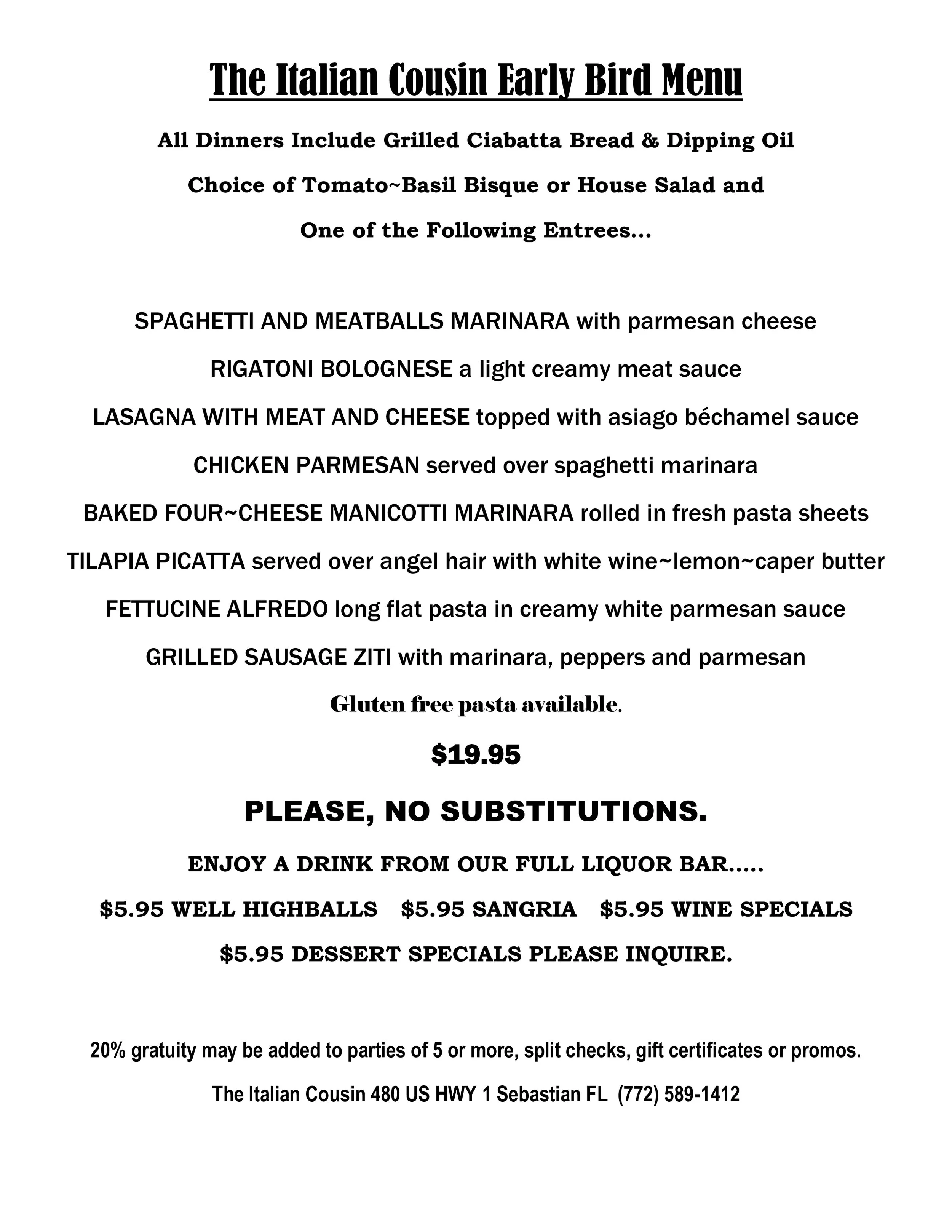 Early Bird Menu — The Italian Cousin